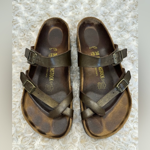Birkenstock | Shoes | Birkenstock Mayari Golden Brown Birko Flor Toe ...